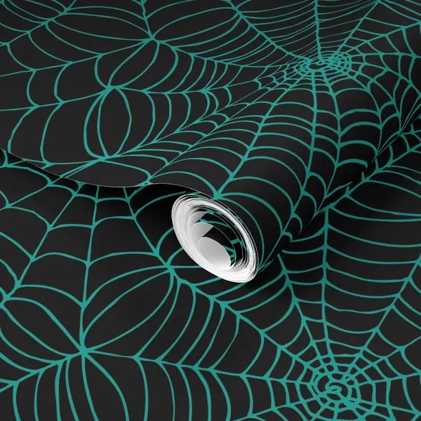 Spoonflower Turquoise Black Spiderweb Halloween Custom Removable Wallpaper - Black,blue,green
