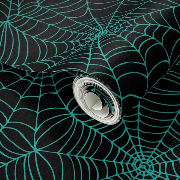 Spoonflower Turquoise Black Spiderweb Halloween Traditional Wallpaper - Black,blue,green