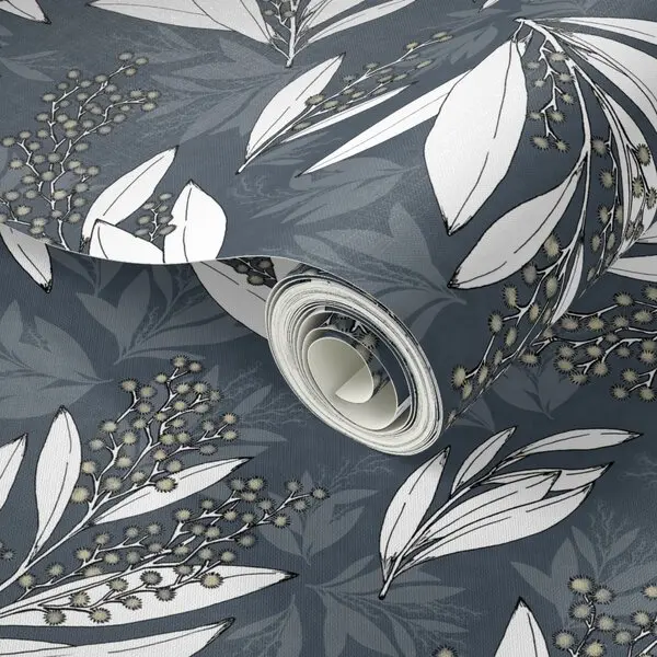 Spoonflower Black And White Vintage Hand Drawn Botanical Steel Traditional Wallpaper - Blue