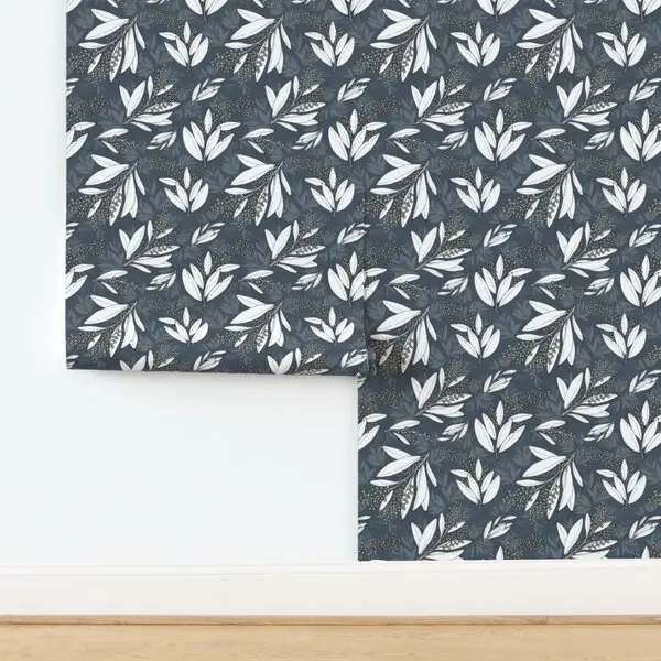 Spoonflower Black And White Vintage Hand Drawn Botanical Steel Traditional Wallpaper - Blue