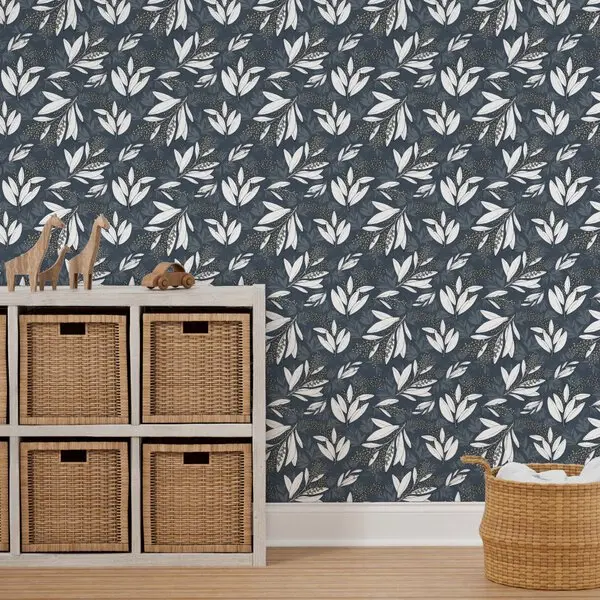 Spoonflower Black And White Vintage Hand Drawn Botanical Steel Traditional Wallpaper - Blue