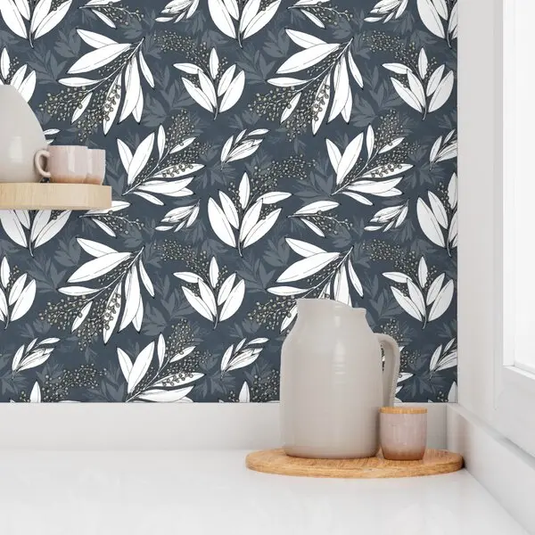 Spoonflower Black And White Vintage Hand Drawn Botanical Steel Traditional Wallpaper - Blue