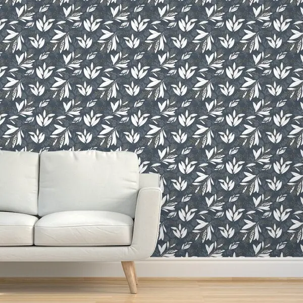 Spoonflower Black And White Vintage Hand Drawn Botanical Steel Traditional Wallpaper - Blue
