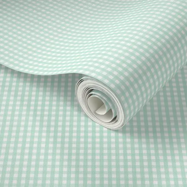 Spoonflower Tiny Gingham Mint Green Check Checkered Picnic Custom Removable Wallpaper - Mint,white,gray
