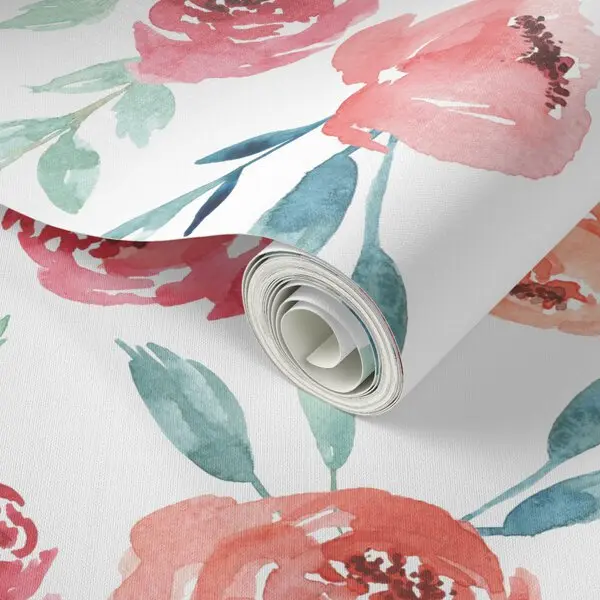 Spoonflower Watercolor Floral Romantic Flowers Pink Blush Custom Pre-pasted Wallpaper - Pink,white,gray