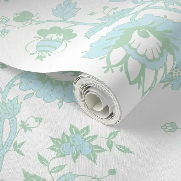 Spoonflower Green Paisley Stripes Aqua Toile Chinoiserie Folk Custom Removable Wallpaper - Mint,green,gray