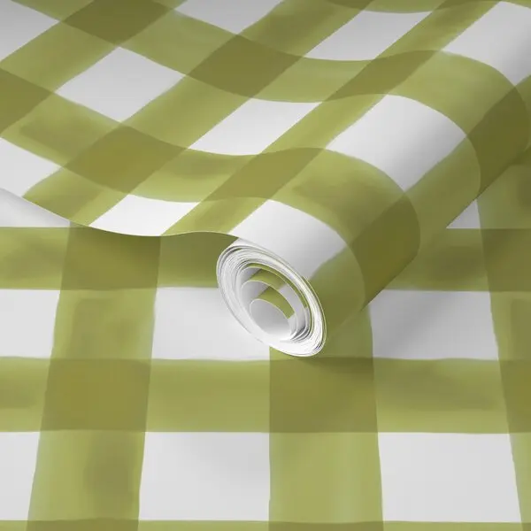 Spoonflower Watercolor Gingham Green Check White Summer Spring Custom Removable Wallpaper - Green,white,gray
