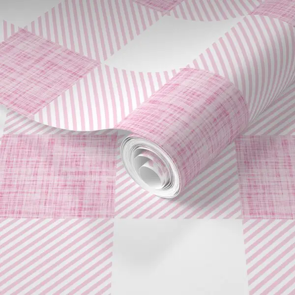 Spoonflower Pink Plaid Check Buffalo Custom Pre-pasted Wallpaper - Pink,gray