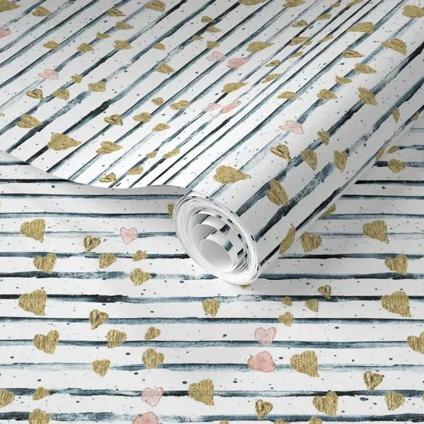 Spoonflower Blue Gold Hearts Stripes Heart Love Spring Traditional Wallpaper - Gray,blue,brown