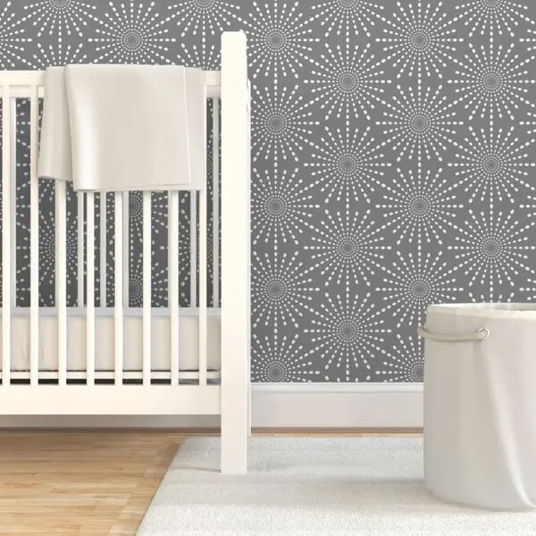 Spoonflower Star Gray White Celebration Fireworks Custom Pre-pasted Wallpaper