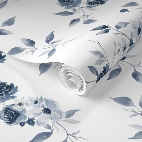Spoonflower Blue Watercolor Florals Custom Pre-pasted Wallpaper - White,blue,gray