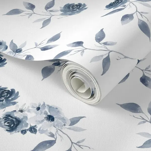 Spoonflower Blue Watercolor Florals Traditional Wallpaper - White,blue,gray