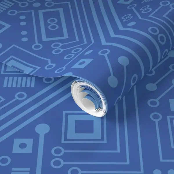 Spoonflower Robot Circuit Board Computer Electric Science Traditional Wallpaper - Blue