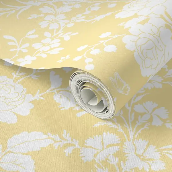 Spoonflower Toile Flowers Floral Yellow Silhouette Wedding Custom Removable Wallpaper - Yellow,white,green