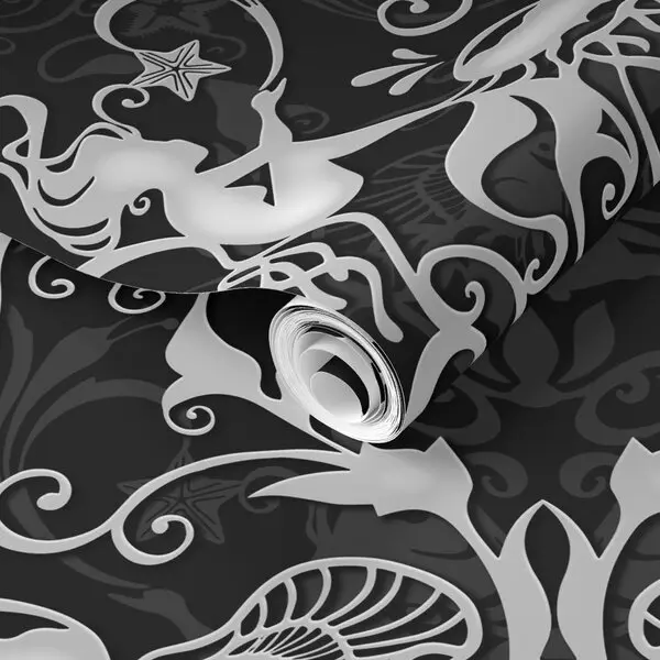Spoonflower Deep Sea Damask Custom Pre-pasted Wallpaper - Black,white,gray