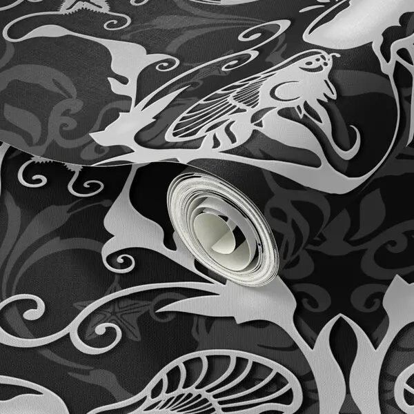 Spoonflower Deep Sea Damask Custom Pre-pasted Wallpaper - Black,white,gray