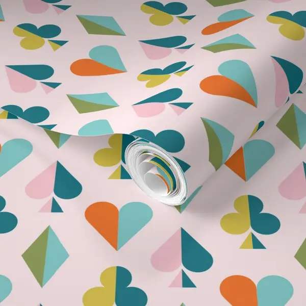 Spoonflower Pink Diamonds Retro Hearts Playful Mid Century Custom Pre-pasted Wallpaper - Blue,pink,orange