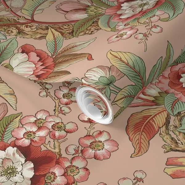 Spoonflower Floral Branches Birds Tree Antique Victorian Tan Traditional Wallpaper - Pink,green,brown