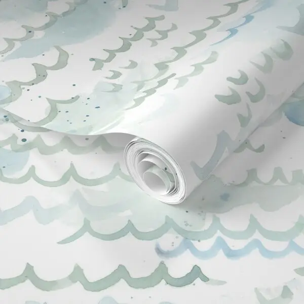 Spoonflower Watercolour Waves Water Sea Watercolor Ocean Sail Custom Removable Wallpaper - Blue,white,mint