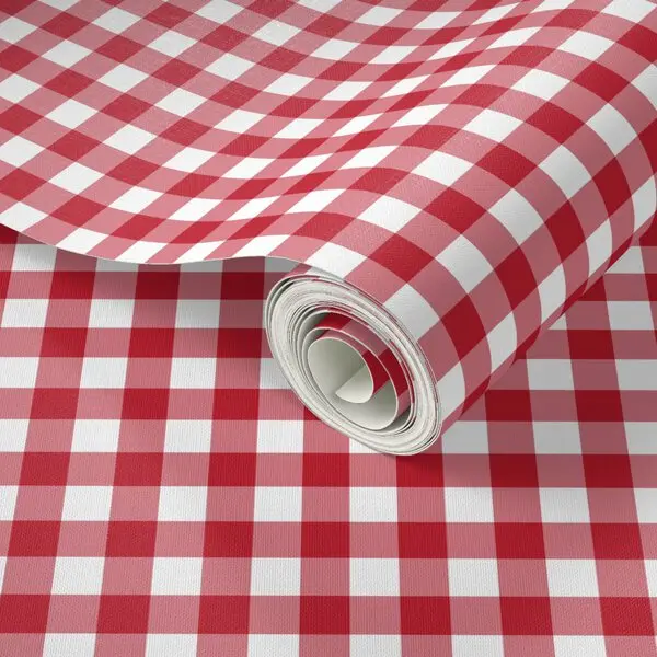 Spoonflower Plaid Gingham Check Red And White Farmhouse Traditional Wallpaper - Pink,gray,red