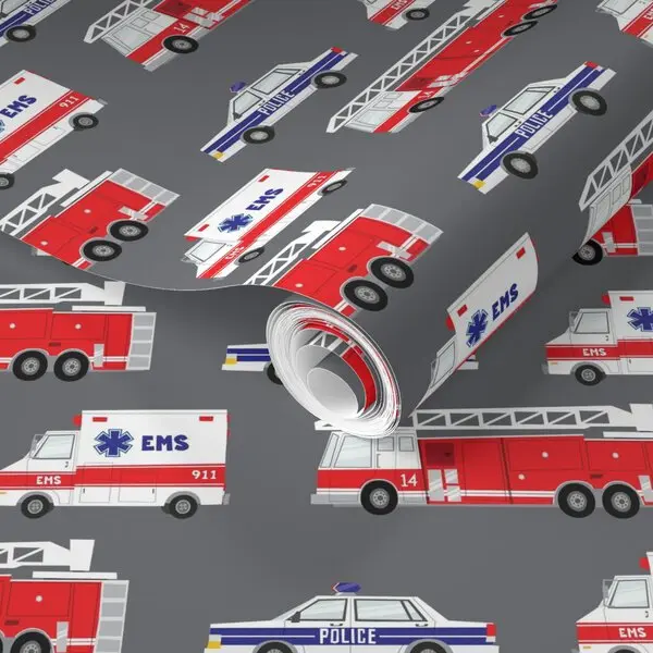 Spoonflower First Gray Ambulance Fire Truck Car Firefighter Custom Pre-pasted Wallpaper - Gray,red,pink