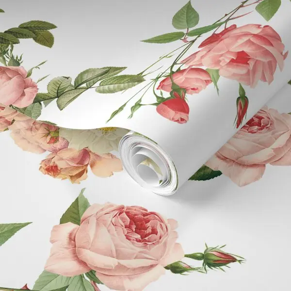 Spoonflower Vintage Pink Rose Garden Roses Custom Pre-pasted Wallpaper - White,pink,gray