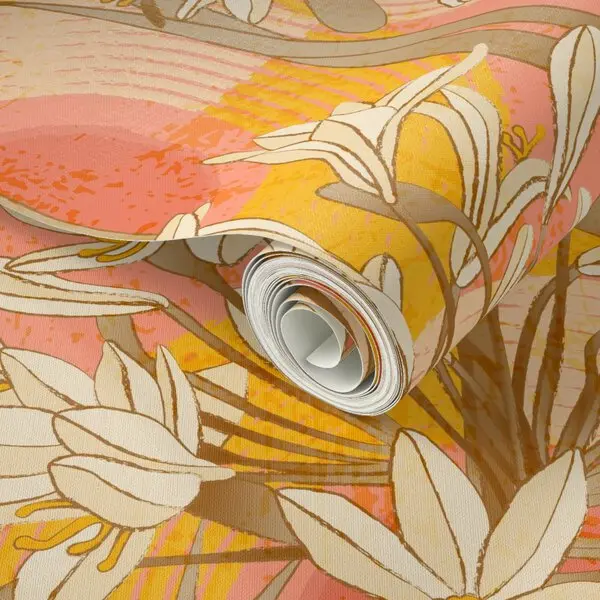 Spoonflower Morning Pink Flower Yellow Sunset Butterfly Traditional Wallpaper - Pink,orange,beige