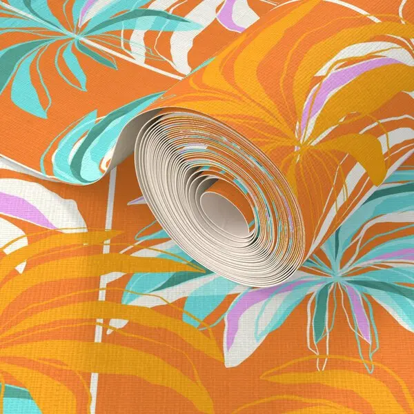 Spoonflower Palm Spring Paradise 1l Aqua & Orange 100% Natural Sisal Grasscloth Wallcovering - Orange,aqua,blue