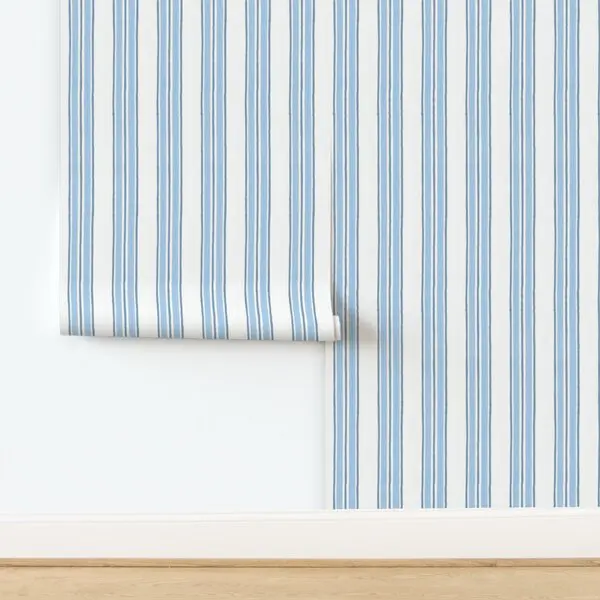 Spoonflower Stripe French And White Ticking Rugby Custom Pre-pasted Wallpaper - Blue