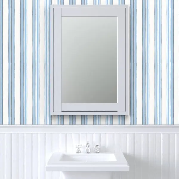 Spoonflower Stripe French And White Ticking Rugby Custom Pre-pasted Wallpaper - Blue