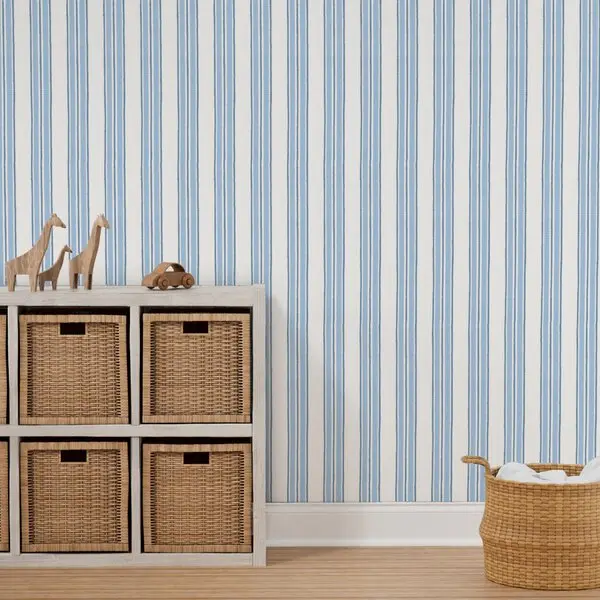 Spoonflower Stripe French And White Ticking Rugby Custom Pre-pasted Wallpaper - Blue