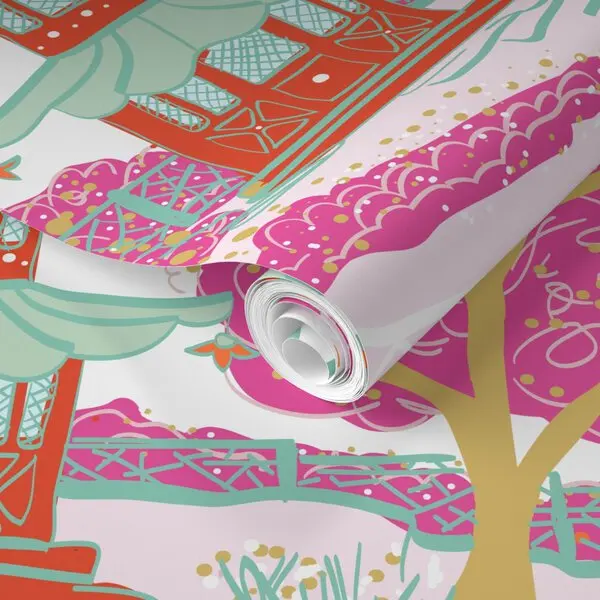 Spoonflower Whimsy Landscape Cloud Toile Chinoiserie Blue Traditional Wallpaper - Mint,pink,green