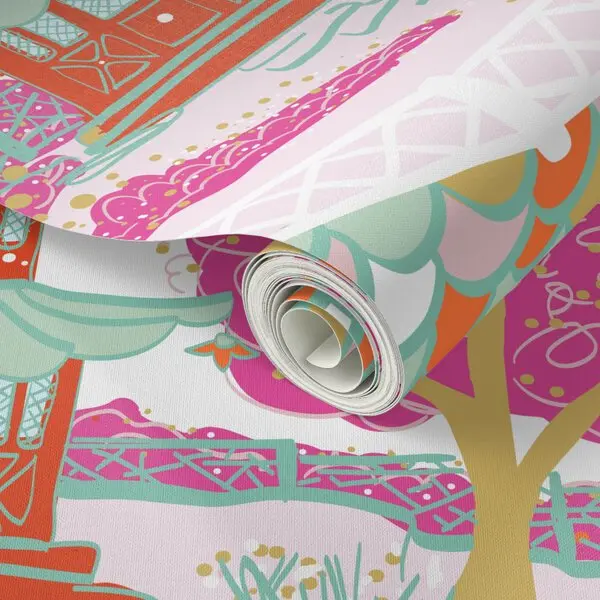 Spoonflower Whimsy Landscape Cloud Toile Chinoiserie Blue Traditional Wallpaper - Mint,pink,green