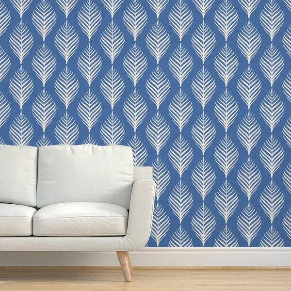 Spoonflower Palm Frond In Cornflower 100% Natural Sisal Grasscloth Wallcovering