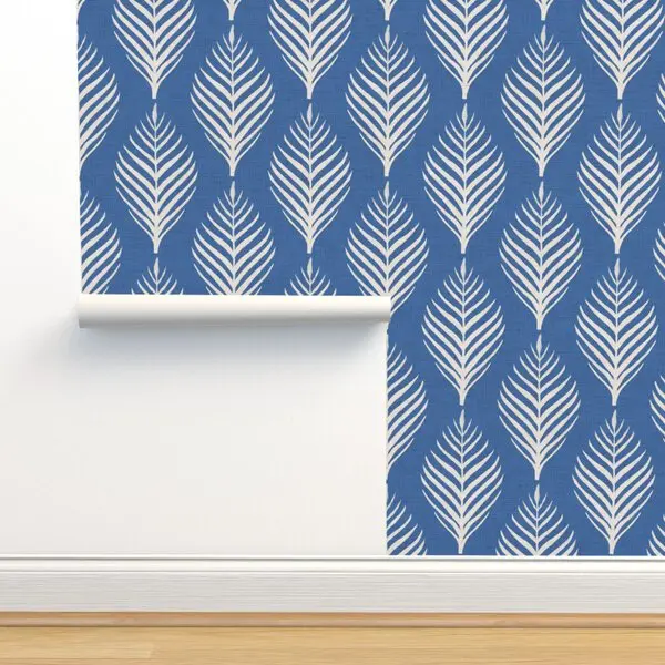 Spoonflower Palm Frond In Cornflower 100% Natural Sisal Grasscloth Wallcovering