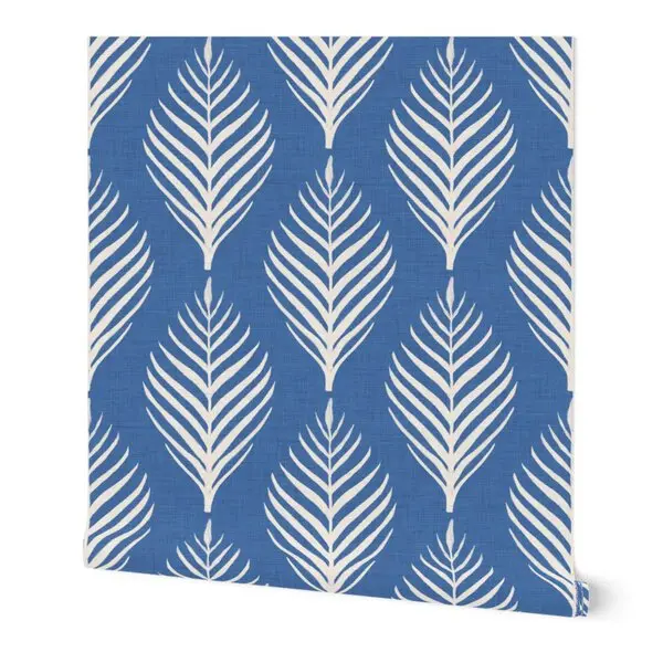 Spoonflower Palm Frond In Cornflower 100% Natural Sisal Grasscloth Wallcovering