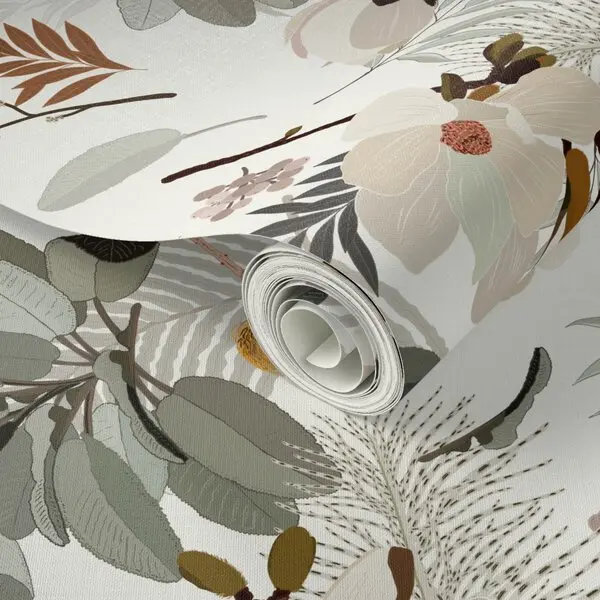 Spoonflower Magnolia Floral White Flowers Sage Green Spring Traditional Wallpaper - White,beige,gray