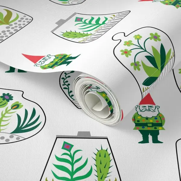 Spoonflower Terrarium Gnomes Plants Succulents Flowers Garden Custom Removable Wallpaper - Green