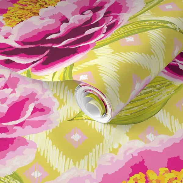 Spoonflower Pink Green Yellow Bright Flowers Leaves Colourful Custom Pre-pasted Wallpaper - Pink,yellow