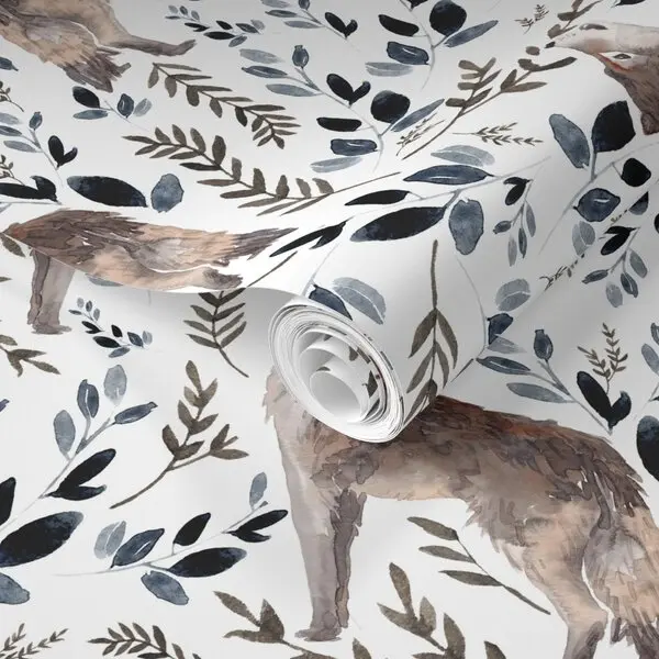 Spoonflower October Wild Wolf White Dogs Blue Forest Woodland Custom Removable Wallpaper - White,gray,black