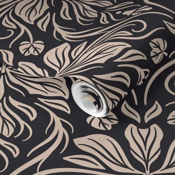 Spoonflower Damask Black Beige Floral Botanical Custom Pre-pasted Wallpaper - Black,beige,white
