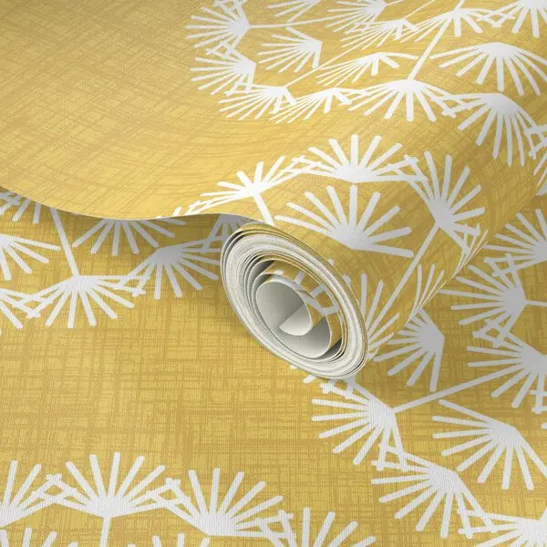 Spoonflower Yellow Gold Stylized Dandelion Mid Century Custom Pre-pasted Wallpaper - Orange,beige,green