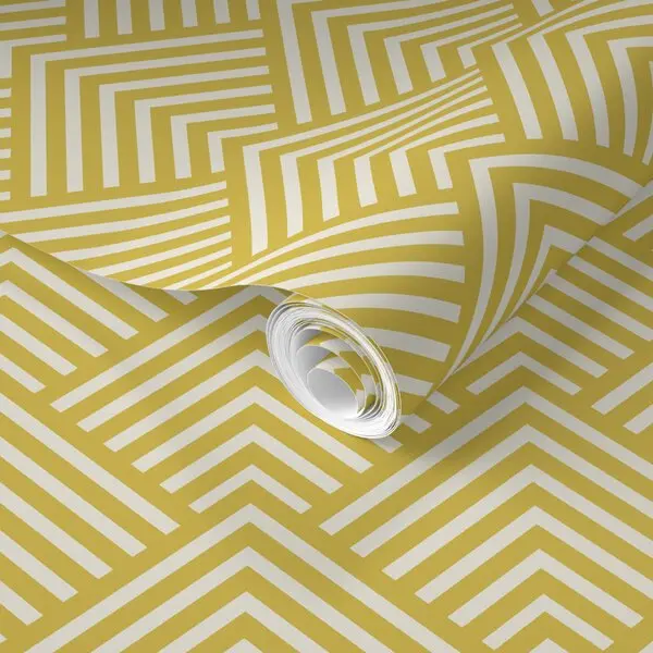 Spoonflower Mustard Mod Geometric Chevrons Stripes Beige Custom Removable Wallpaper - Yellow,beige,green
