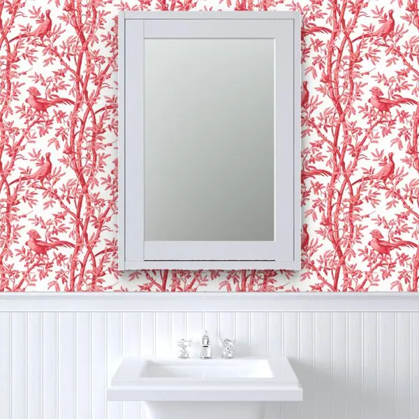 Spoonflower Red Branches Birds Trees Antique Pine Custom Pre-pasted Wallpaper