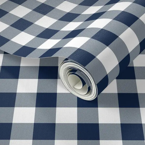 Spoonflower Navy White Gingham Check Blue Buffalo Plaid Custom Removable Wallpaper - Blue,white
