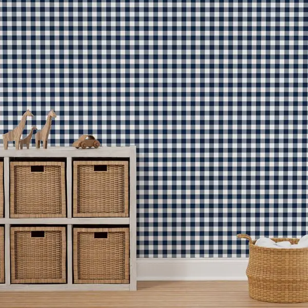 Spoonflower Navy White Gingham Check Blue Buffalo Plaid Traditional Wallpaper