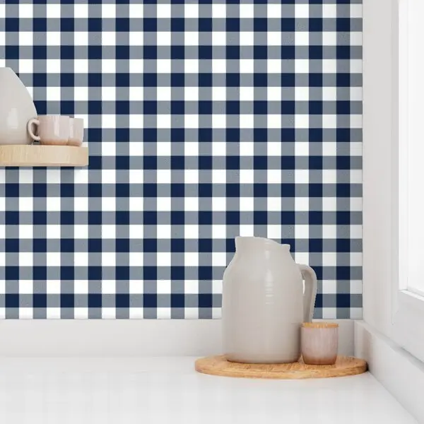 Spoonflower Navy White Gingham Check Blue Buffalo Plaid Traditional Wallpaper
