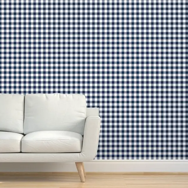 Spoonflower Navy White Gingham Check Blue Buffalo Plaid Traditional Wallpaper
