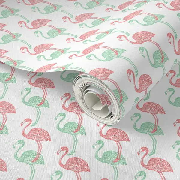 Spoonflower Flamingo Pink Tropical Pattern Bird Mint Green And Traditional Wallpaper - Gray,pink