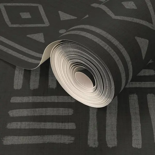 Spoonflower Charcoal Grey Mudcloth Geometric Motifs 1 Jumbo 100% Natural Sisal Grasscloth Wallcovering - Gray,grey